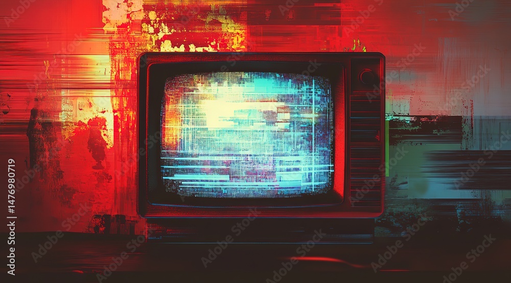 Retro TV glitch texture with pixelated artifacts and scan lines. の ...