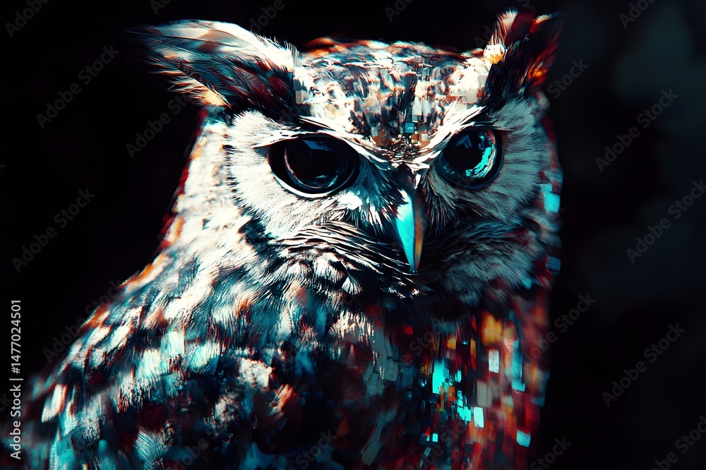 Neural surrealism, futuristic glitch aesthetics, real chrome owl in ...