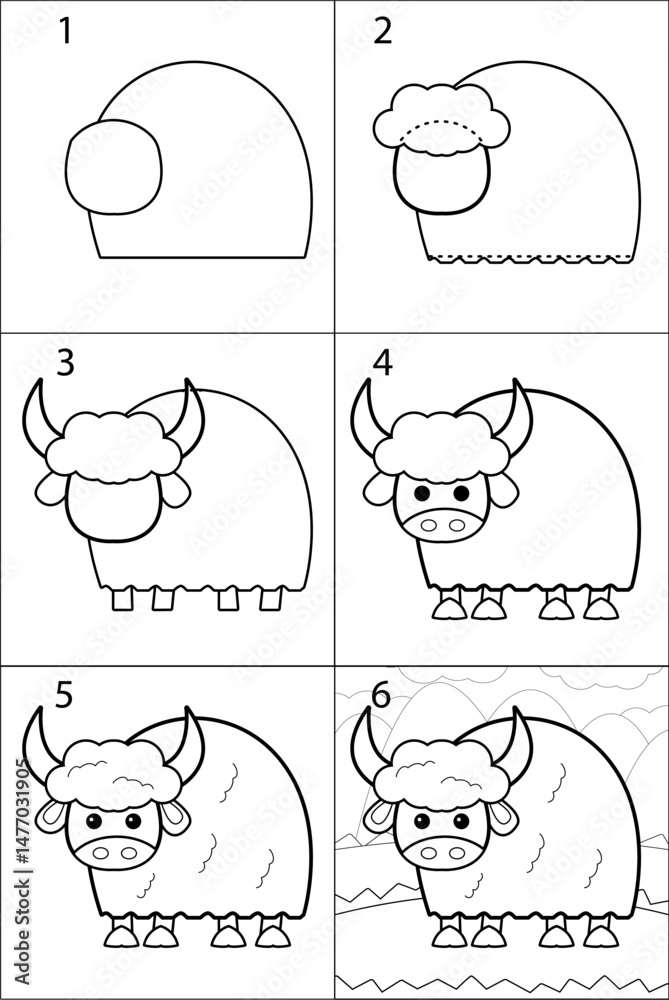 step-by-step instructions on how to draw a cartoon bull. vector line. A ...