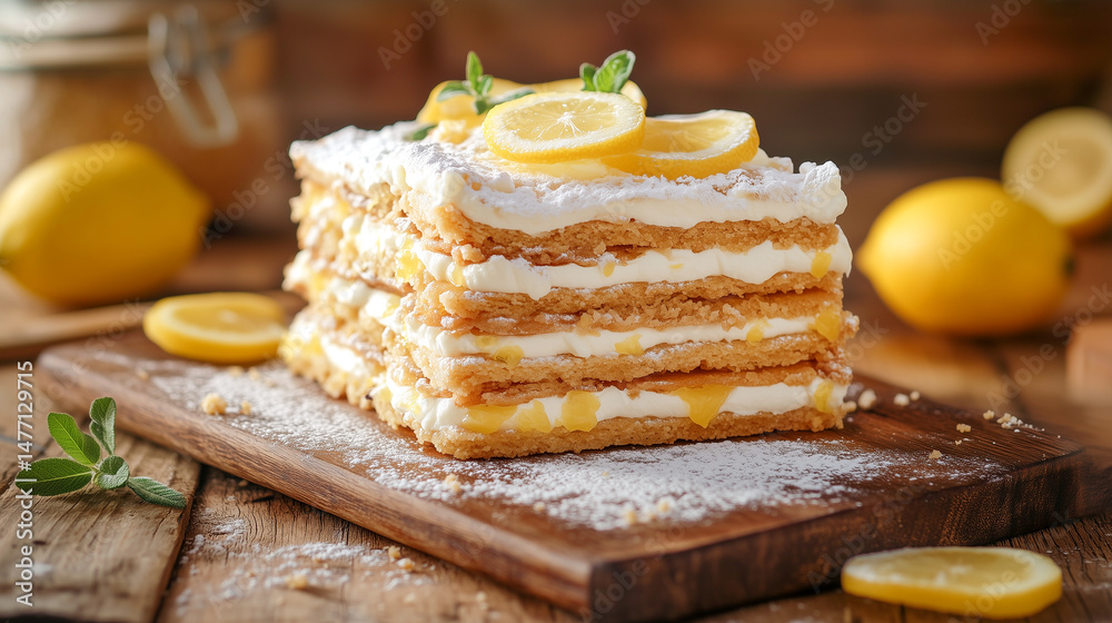 Layered Slavic cake with rich cream, and lemon curd, garnished with ...