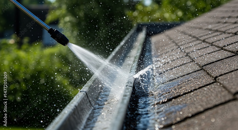 Foto High-pressure water jet cleaning clogged gutter on a house roof, close-up view do Stock ...