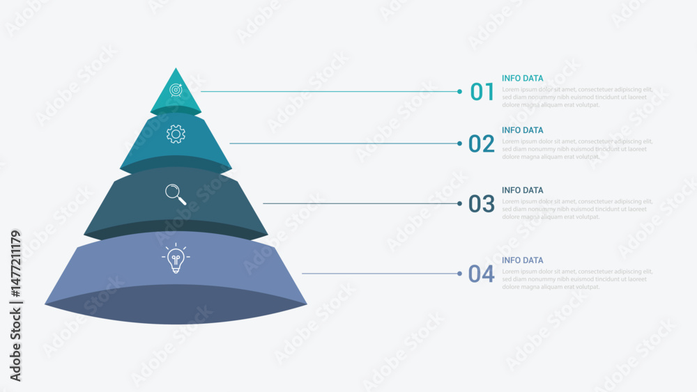 infographic 4 point stage template with 3d funnel pyramid reverse shape ...