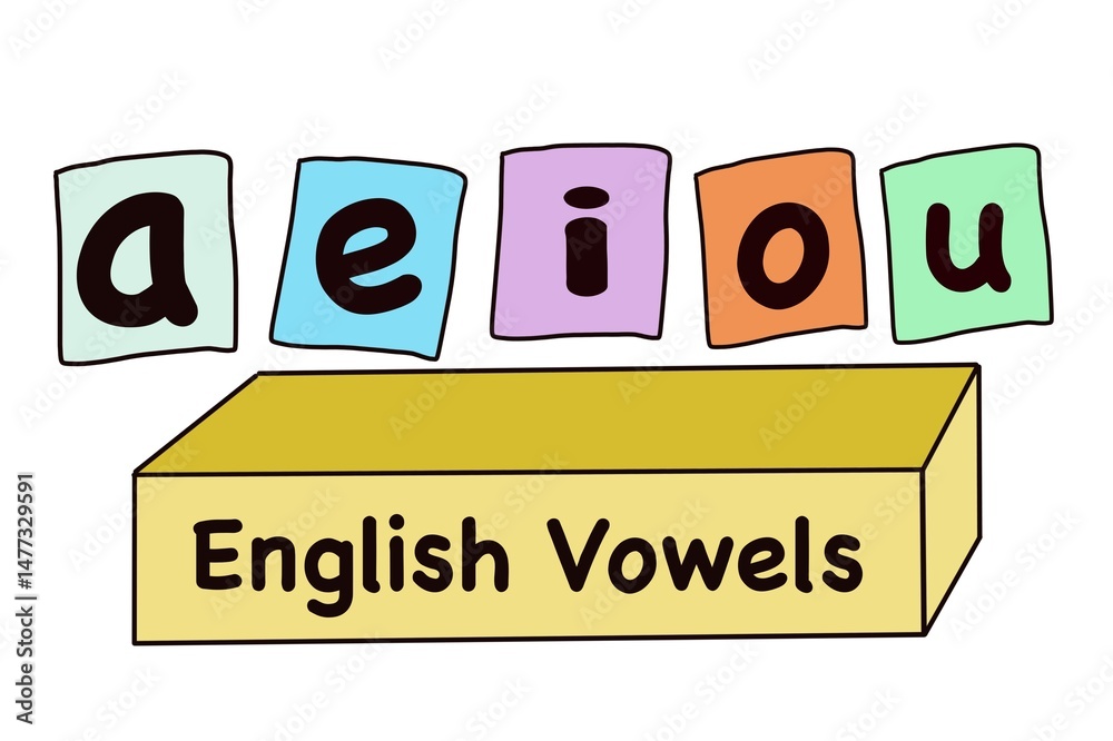 Hand drawn picture of colorful cards and a box with alphabets a, e, i ...