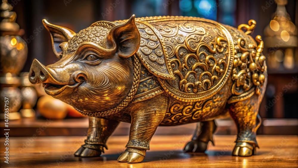 Ancient Asian pig statue with intricate carvings and golden details ...