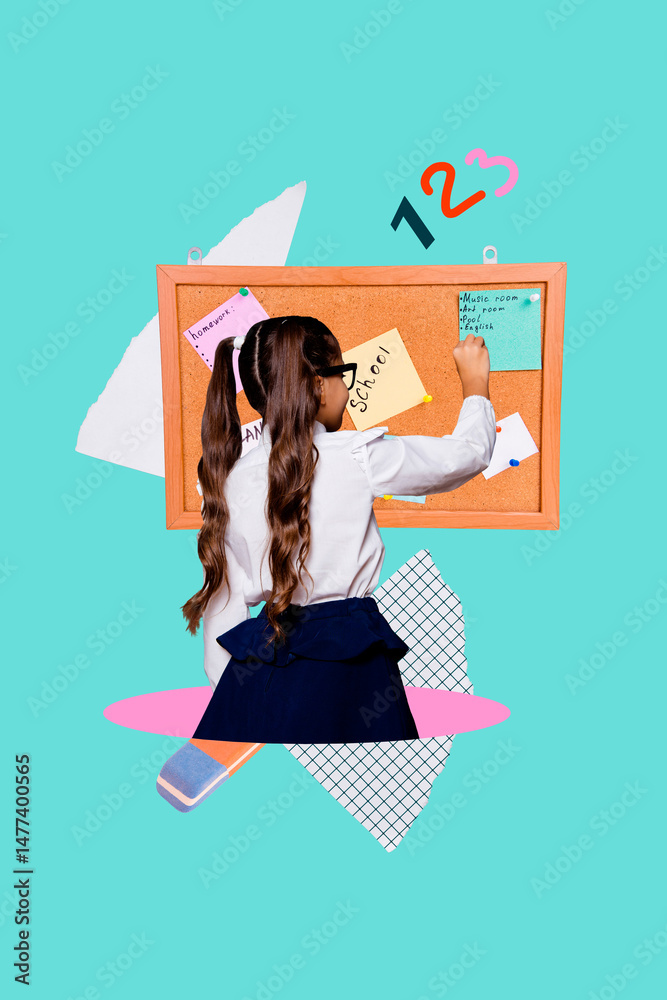 Pop art zine photo collage of small schoolgirl stand back noticeboard ...