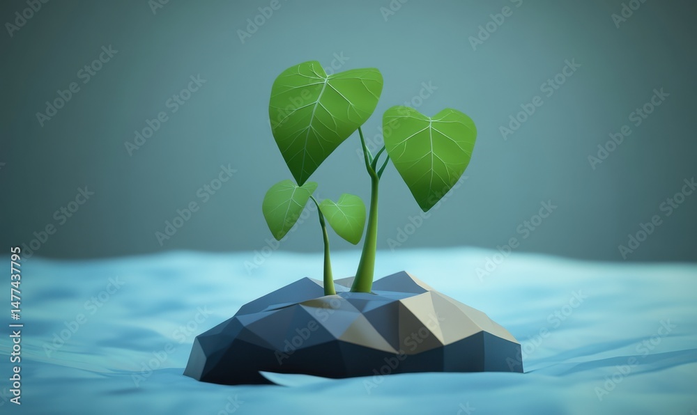 Low-poly plants sprout on rock in water; growth, resilience concept ...