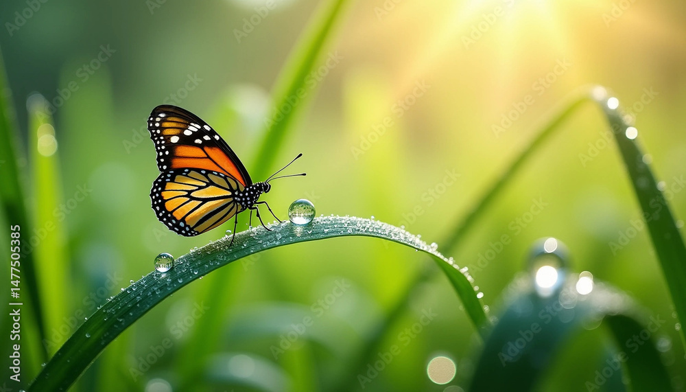 Monarch butterfly rests on a dewy grass blade in the warm morning sun ...