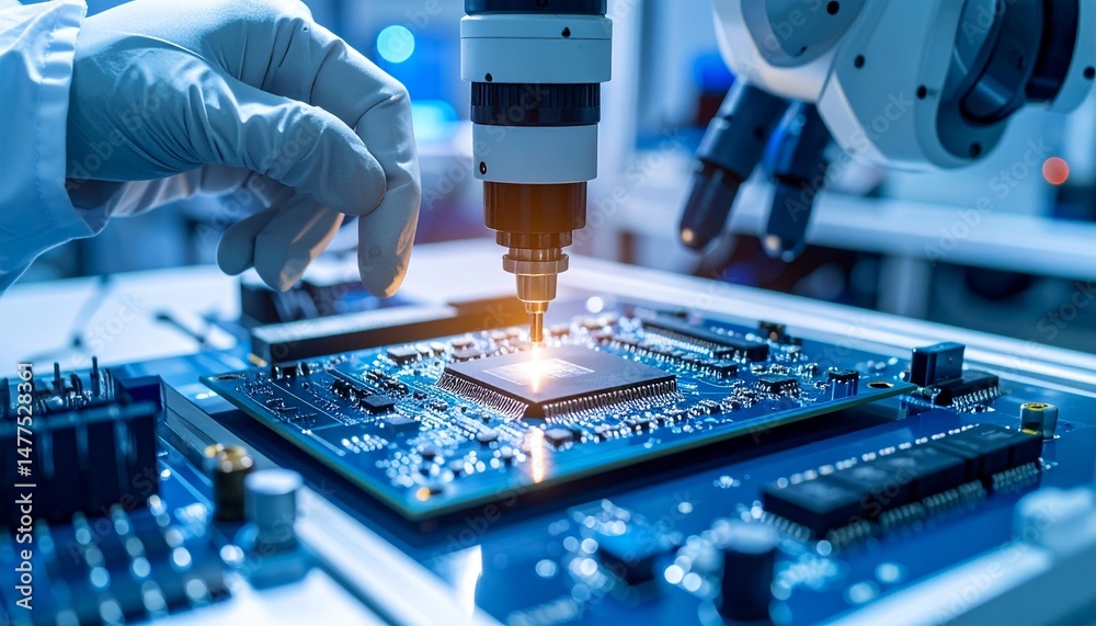 A robotic hand working on microchip assembly, representing precision ...