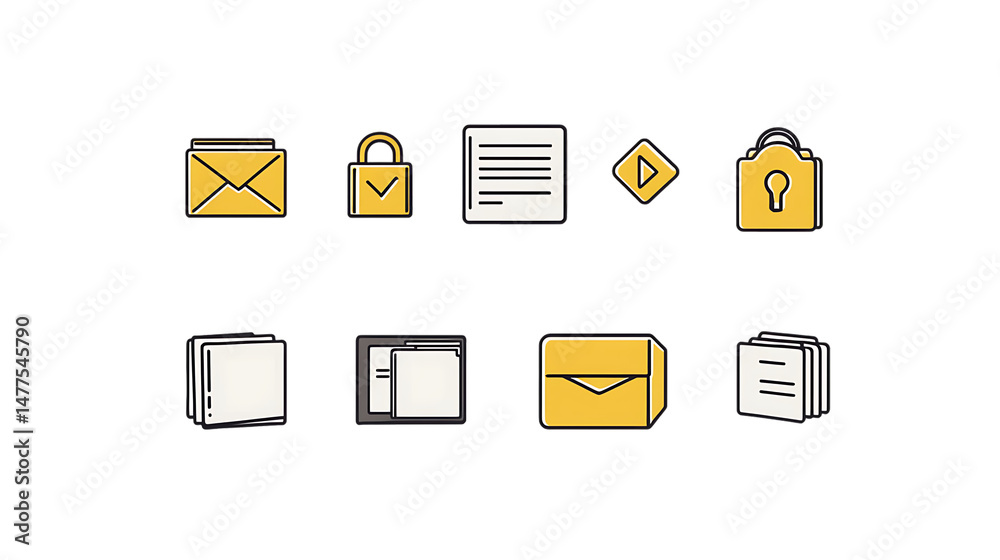 Eight simple, outlined icons with yellow, gray, and blue accents ...
