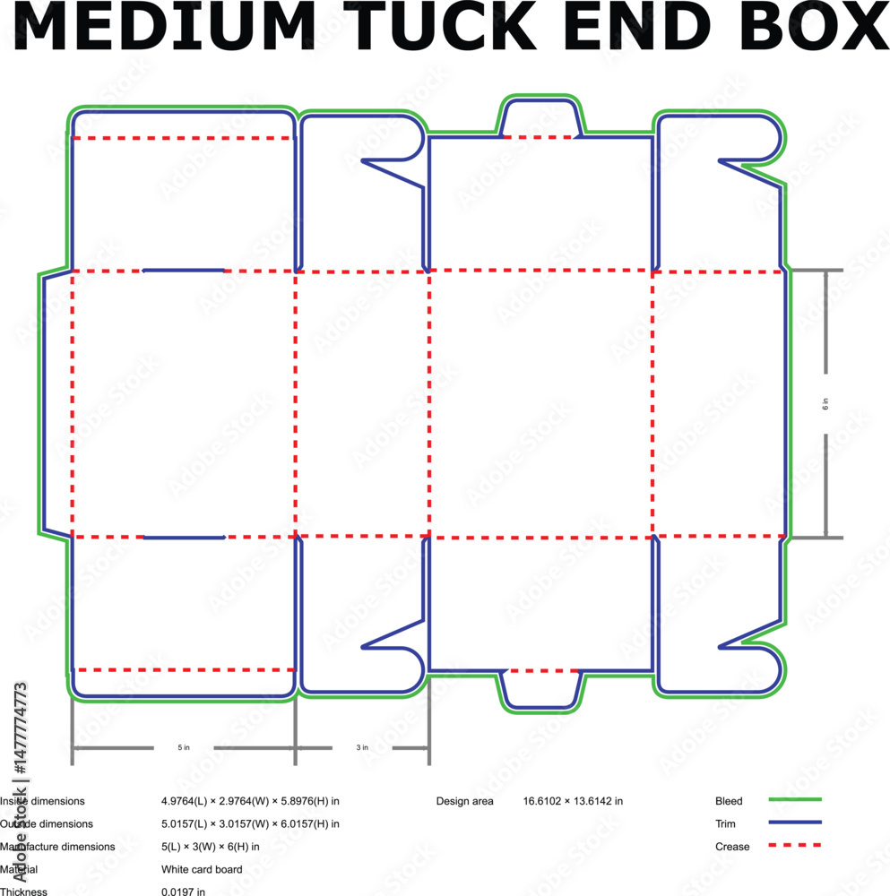 Detailed schematic diagram of a medium tuck end box showing dimensions and design for packaging ...