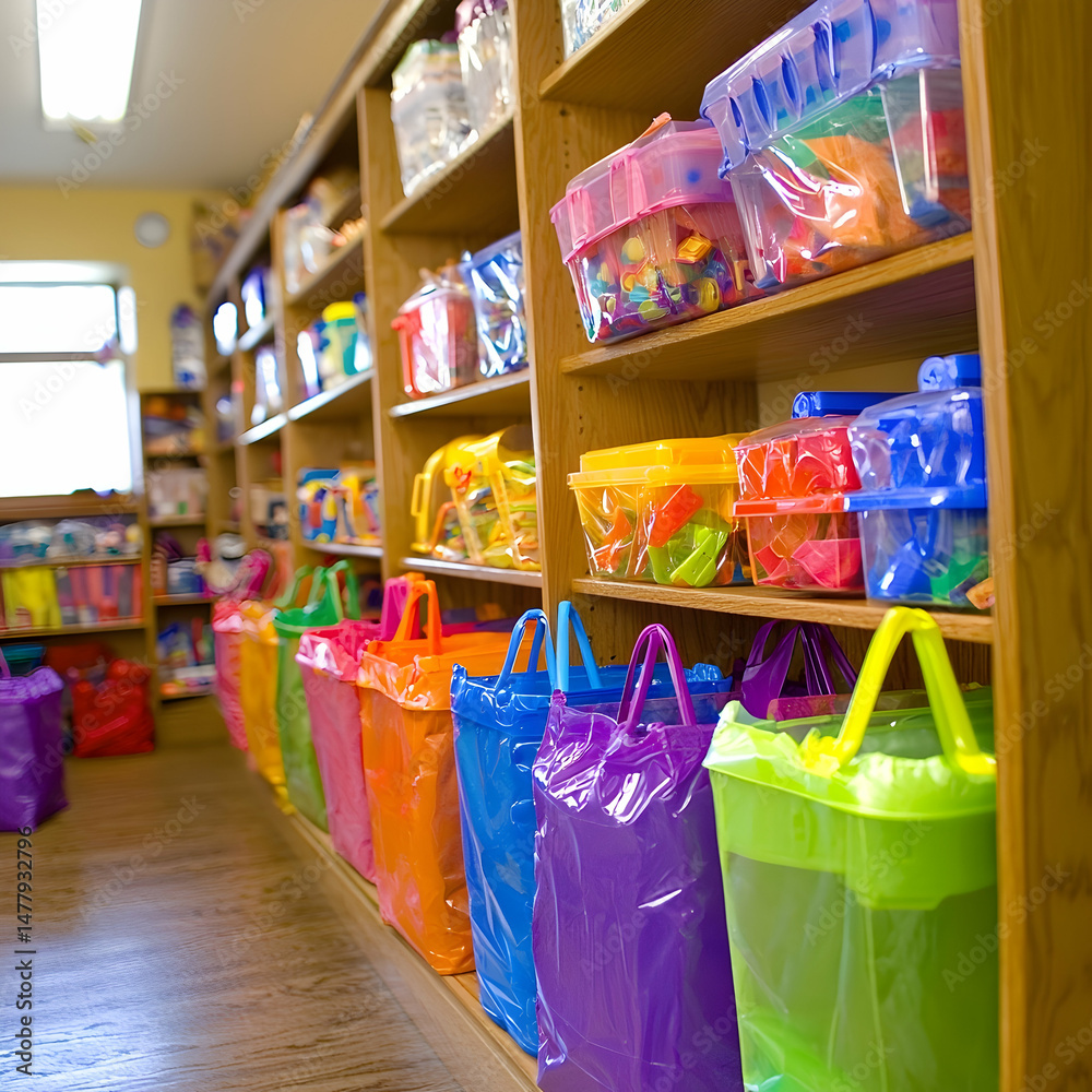 Colorful toy storage in a daycare classroom. Organized shelves and bins ...