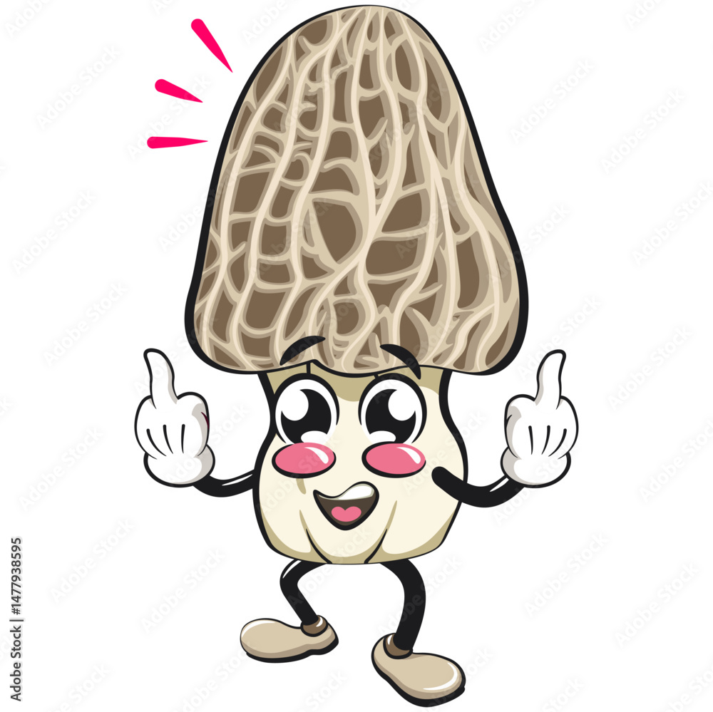 Cute Morchella mushroom vektor illustration mascot character raising ...