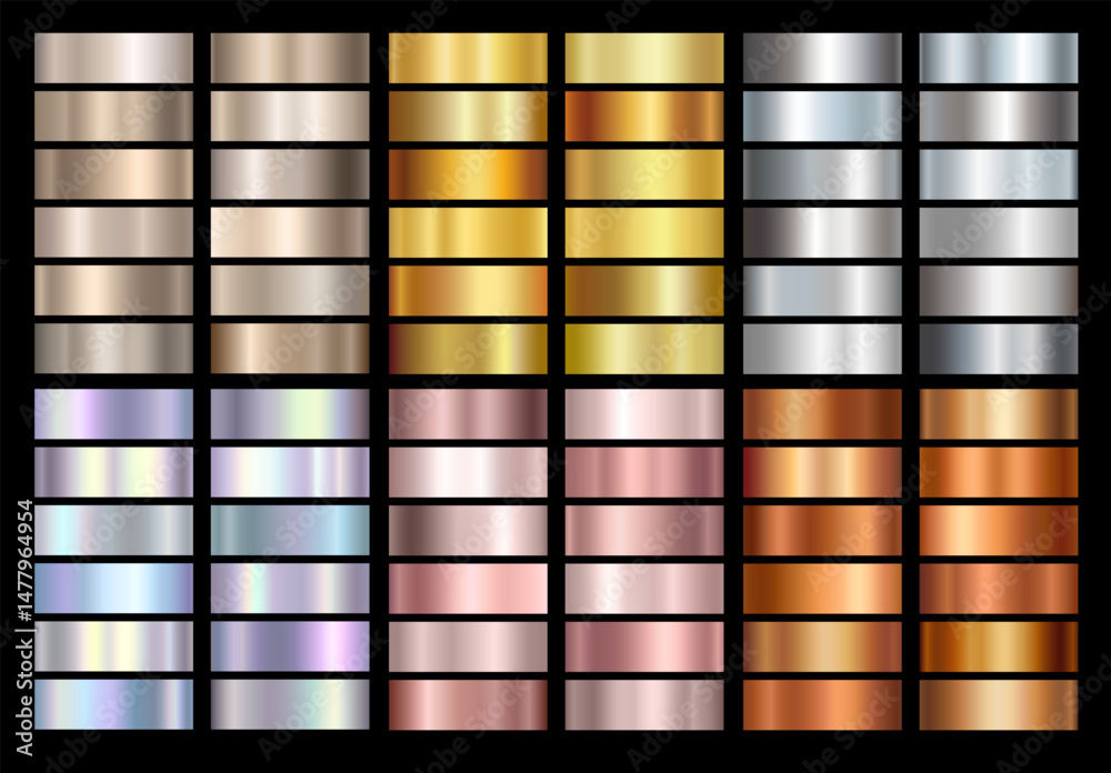 Gold rose, silver, bronze, copper and golden foil texture gradation background set. Vector shiny ...