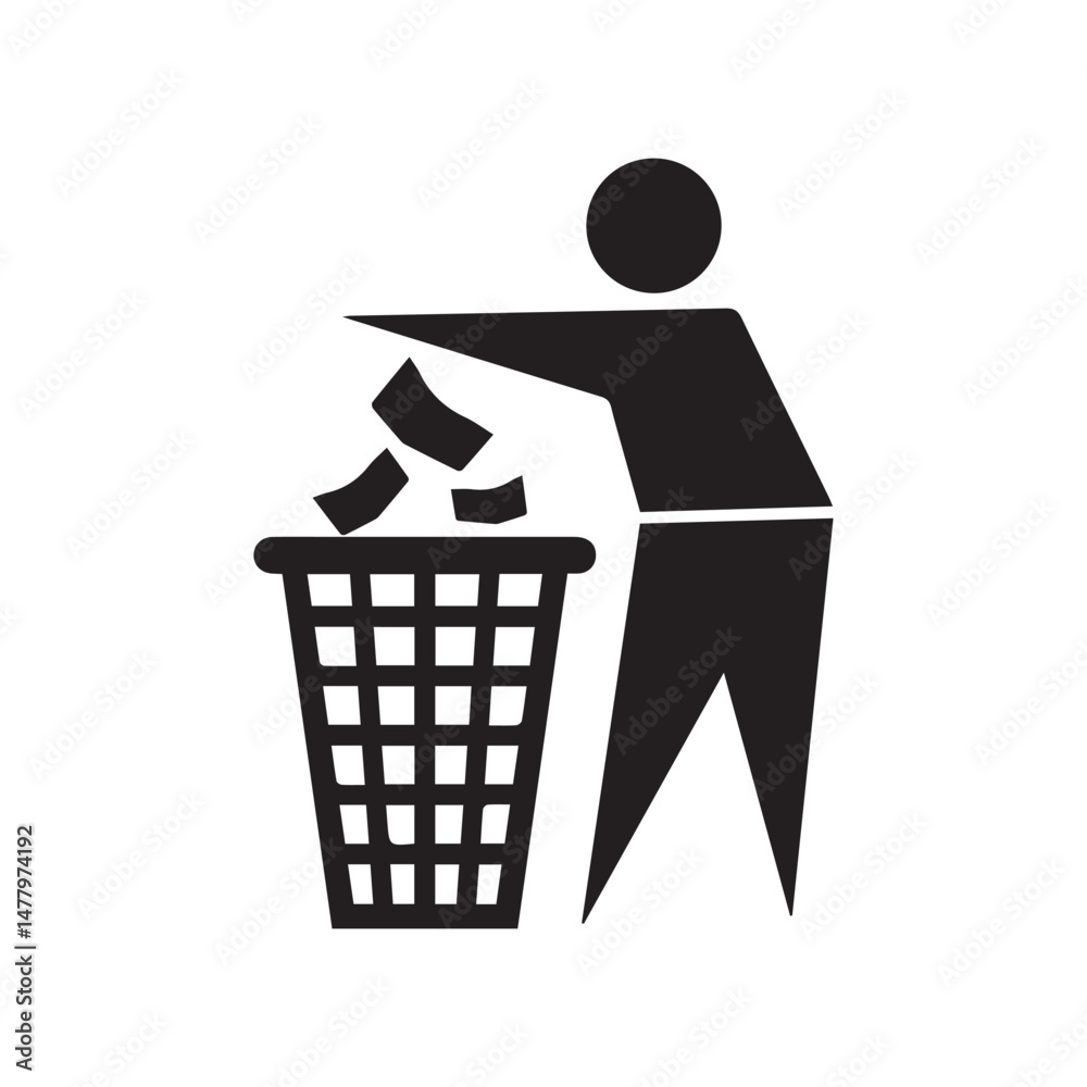 person throwing trash into bin icon, waste disposal symbol, black and ...