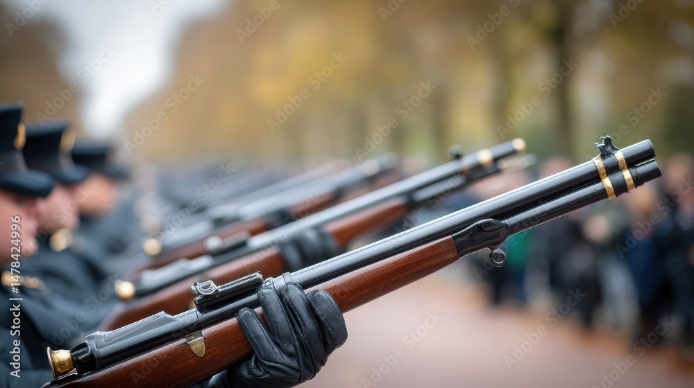 Soldiers in uniform perform a rifle salute in formation during a ...
