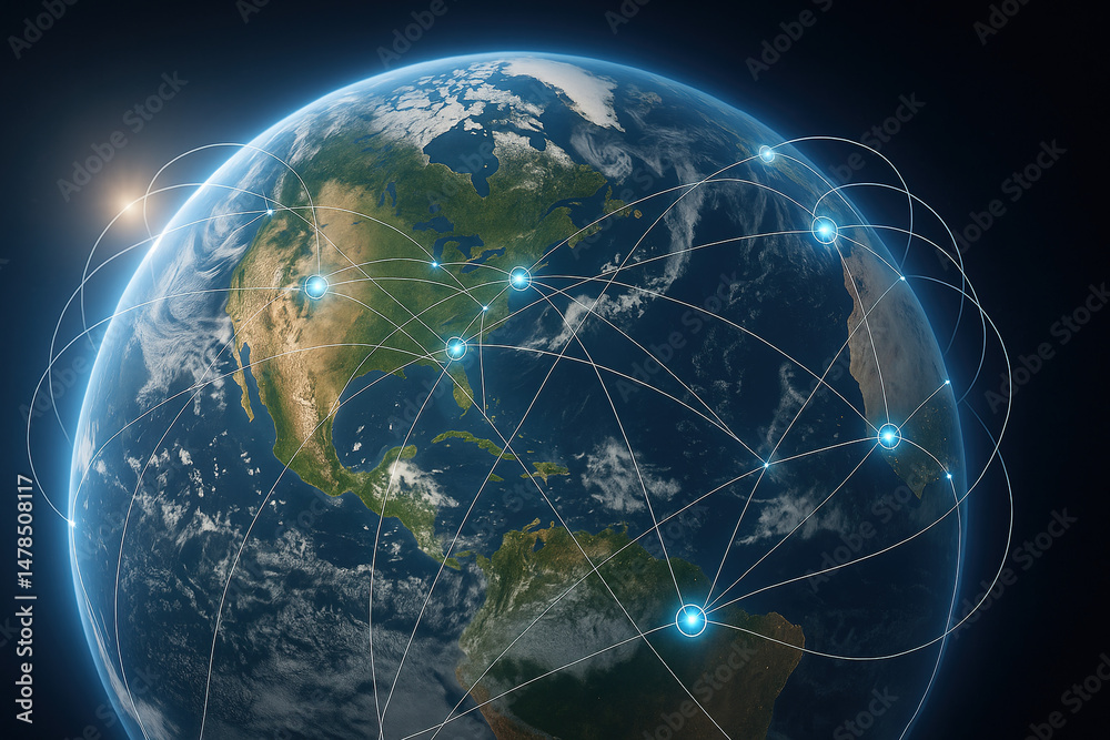 high-resolution Earth globe with white curved lines indicating airline ...