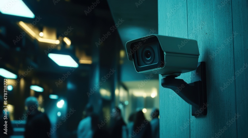 Security Camera on Wall Overlooking People in Public Space Surveillance ...