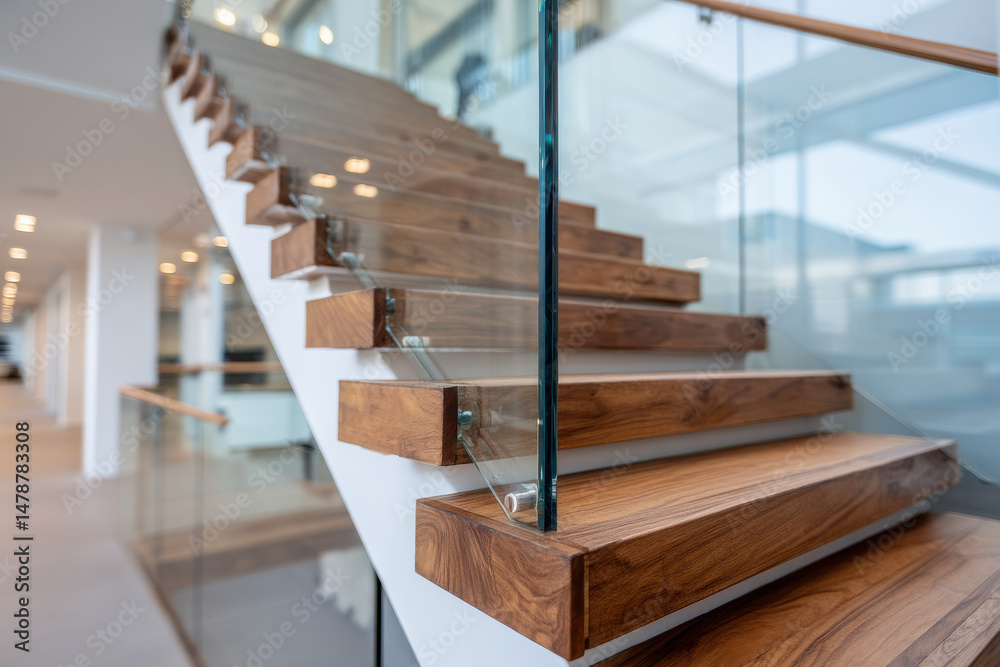Minimalist staircase featuring wooden steps, glass railing, and ambient ...