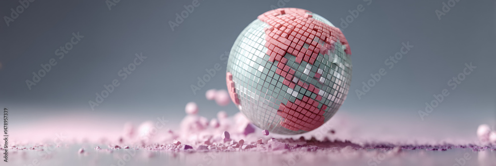 A mosaic globe with pink tiles sits on a surface, with tiles scattering ...