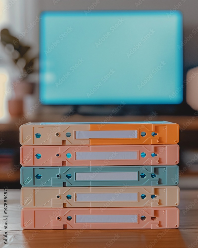 VHS tape mockup stack in pastel colors on desk with screen background1 ...