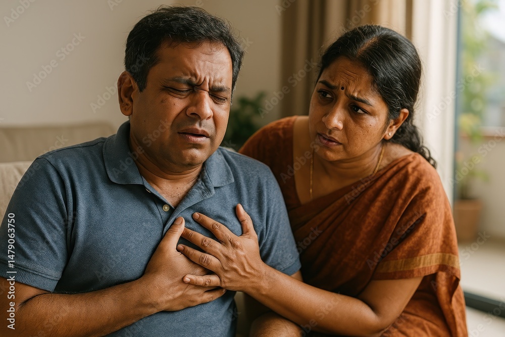 Concerned couple experiencing chest pain. Stock Photo | Adobe Stock