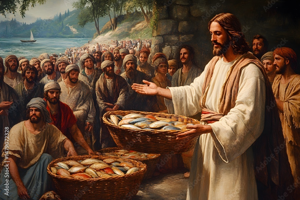 Jesus feeds five thousand with five loaves and two fish. (Matthew 14:19 ...