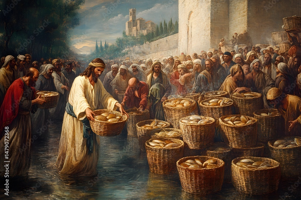 Jesus feeds five thousand with five loaves and two fish. (Matthew 14:19 ...