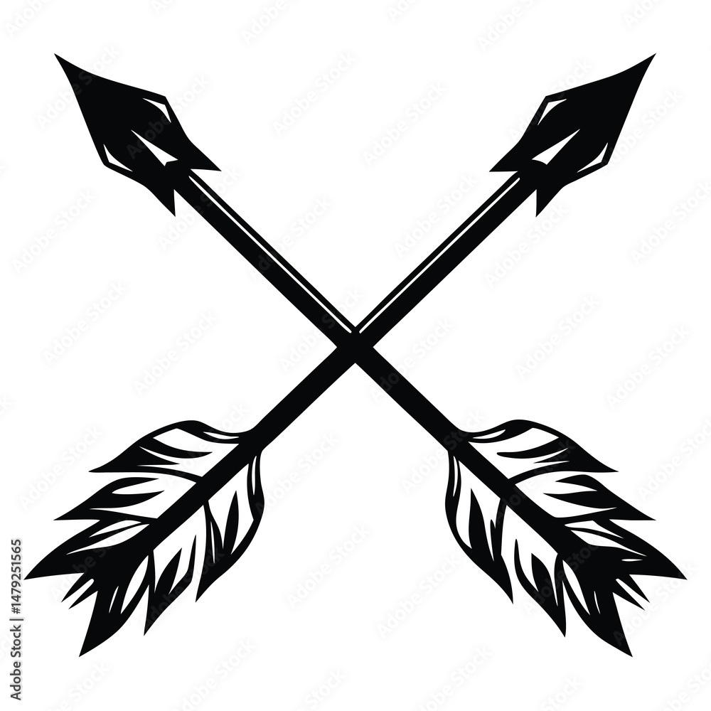 Black and white illustration of two crossed arrows with pointed tips ...