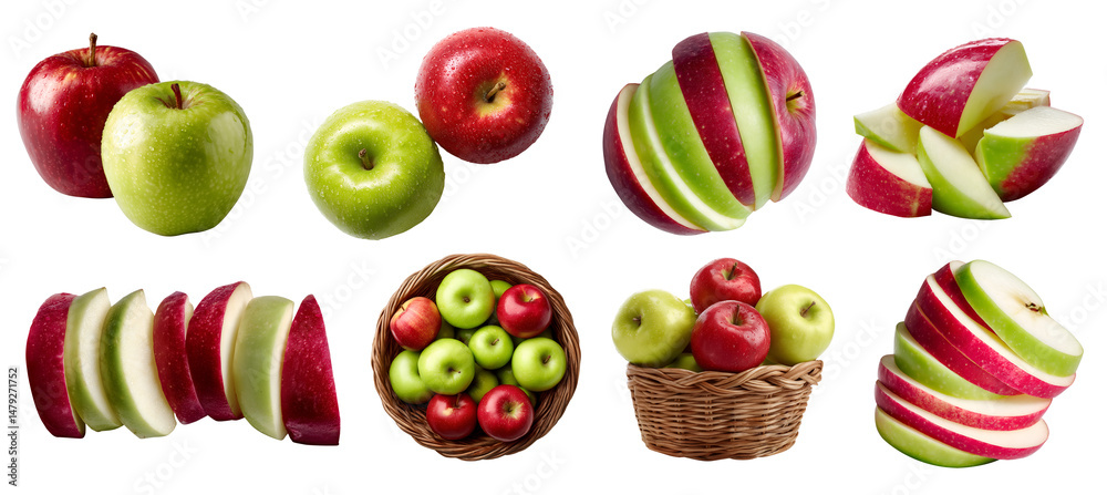 Set of mix red and green apple apples fruit, many angles and view side ...