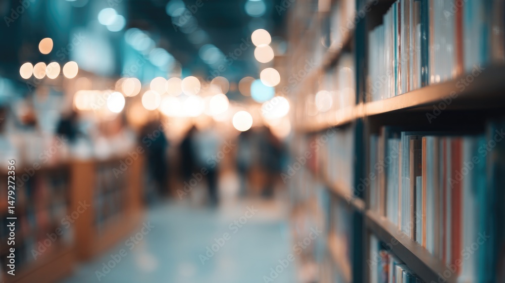 minimalistic bookstore interior with blurred people in background ...