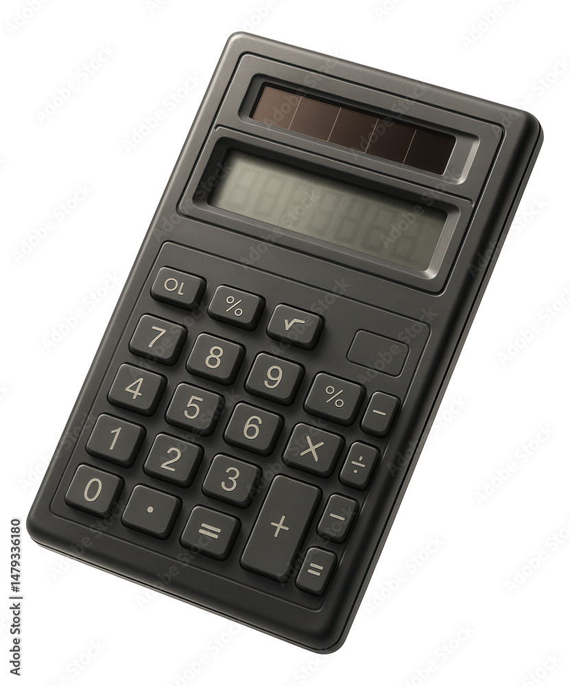 Black solar-powered calculator with numeric keypad and basic function ...