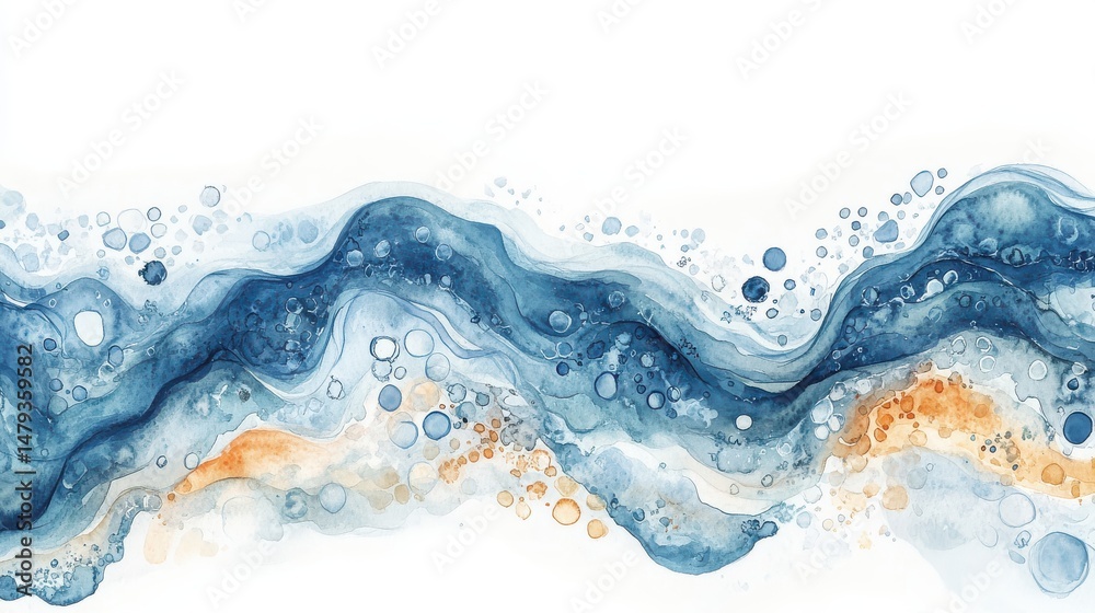 Watercolor ocean current patterns with microplastics showing pollution ...