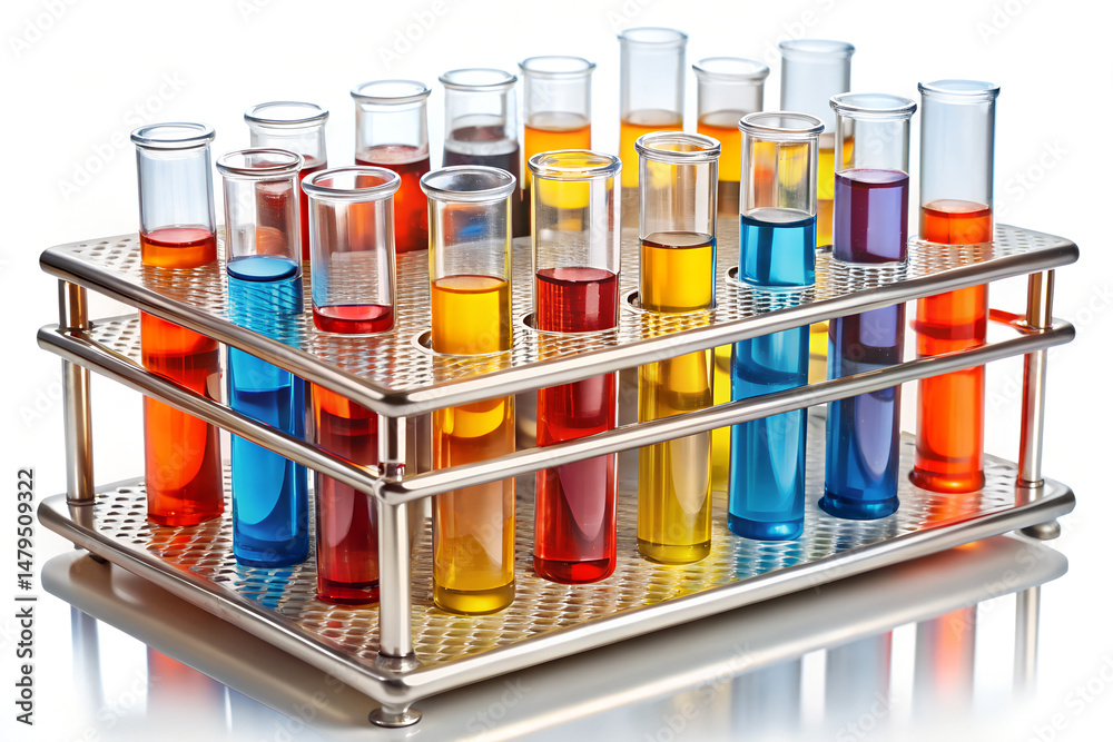 Colorful liquids in test tubes displayed in a laboratory test tube rack ...