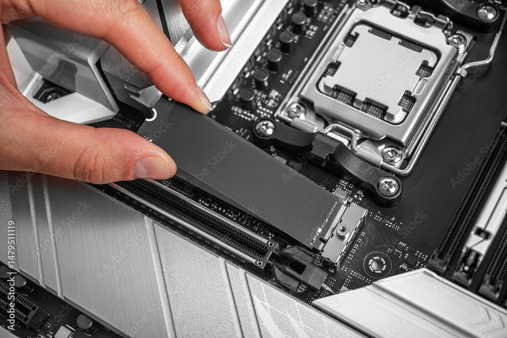 A person is installing an M.2 NVMe SSD into a modern motherboard socket ...