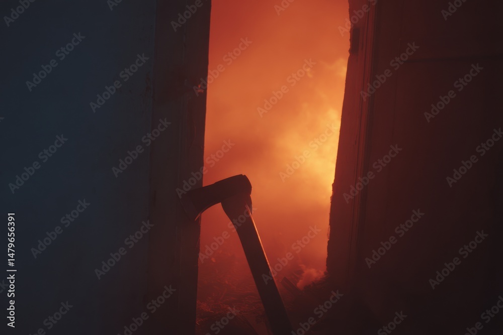 Intense moment of smashing through a door with an axe as flames engulf ...