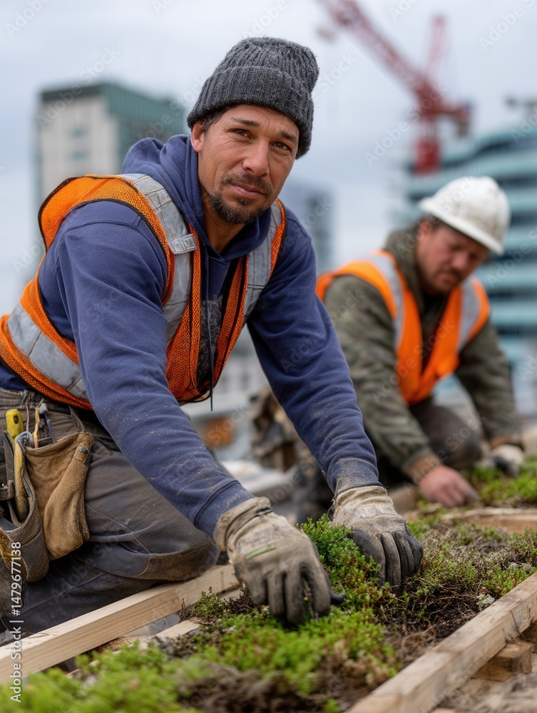 Construction Workers Planting Greenery on Urban Building Site with High ...