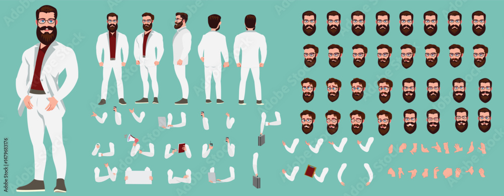 Man Character design. Front, side, back view and explainer animation ...