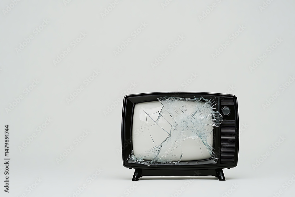 Retro TV with shattered screen on neutral background. Captures damage ...