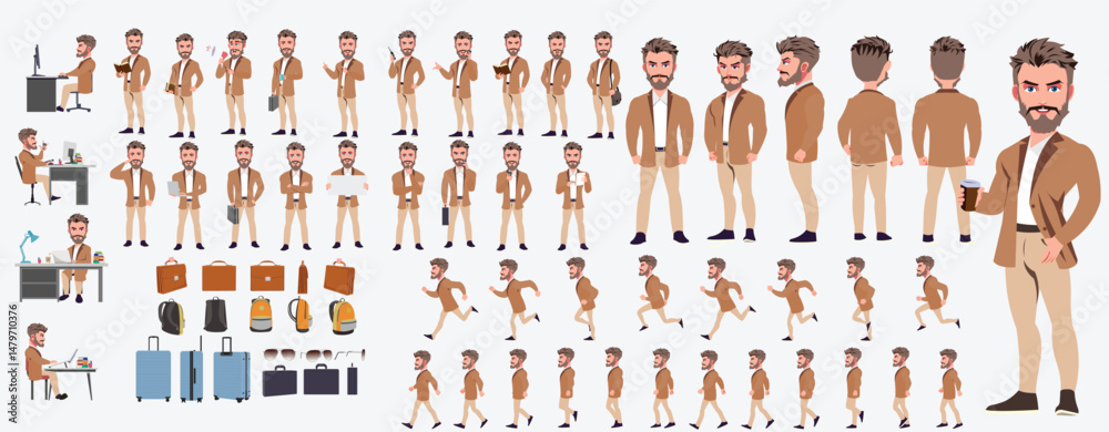 Man Character design. Front, side, back view and explainer animation ...