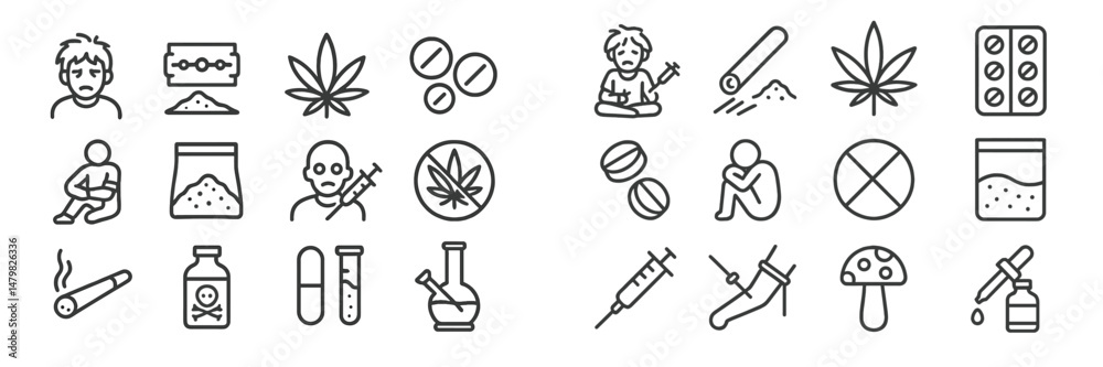 Collection of web icons depicting substance use and addiction themes ...