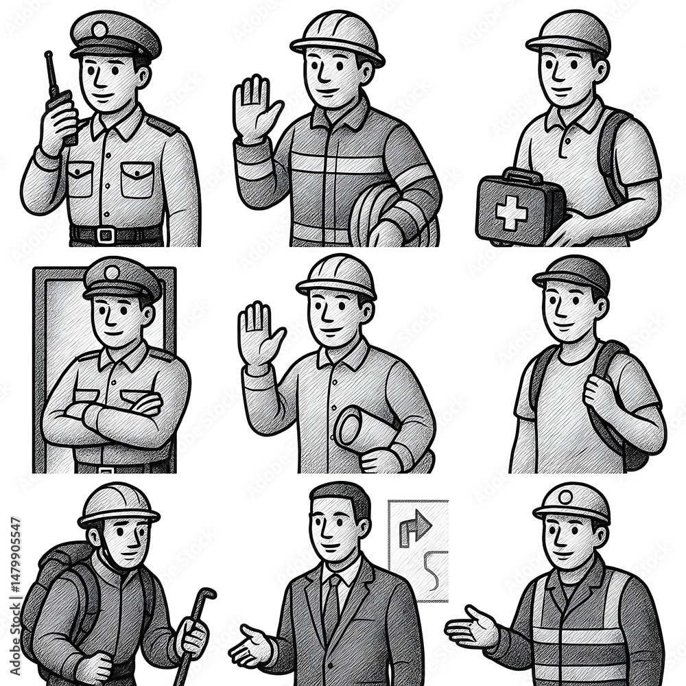 Sketch Public-Safety Worker Icons – Police, Firefighter, EMT & Surveyor ...