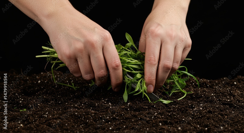 Close-up hands weeding garden, Removing weeds, Plant care task, Human ...