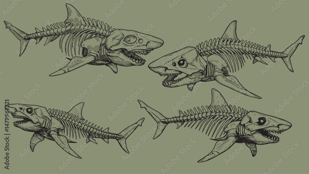 Engraved vintage shark skeleton anatomical diagram with full bones gill ...