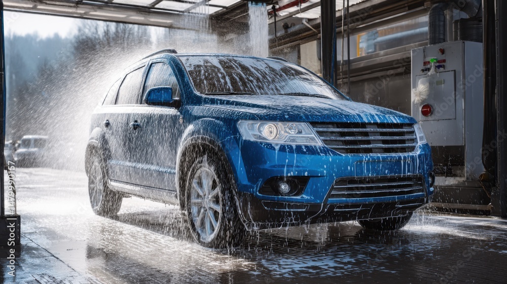 Blue suv being washed in automatic carwash front view with water ...
