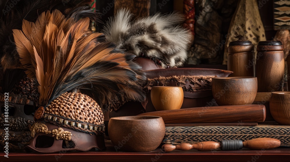 Ultra-realistic close-up photograph of traditional Hawaiian artifacts ...