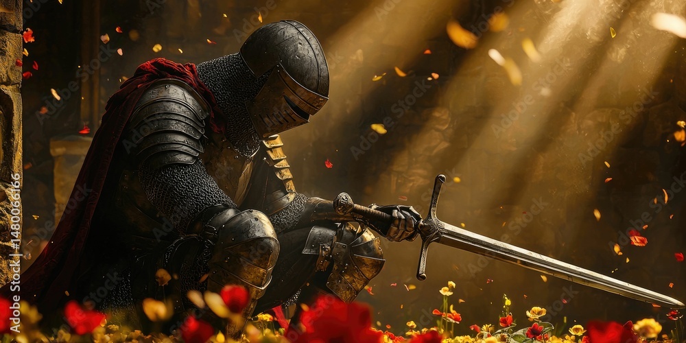 The knight kneels with one hand on his sword hilt, flowers gently ...
