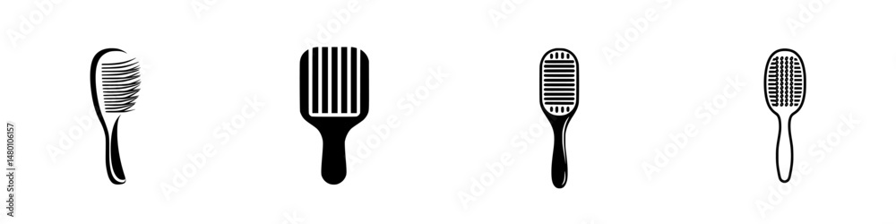 Vector illustration icons of various styles of hair brushes and combs ...