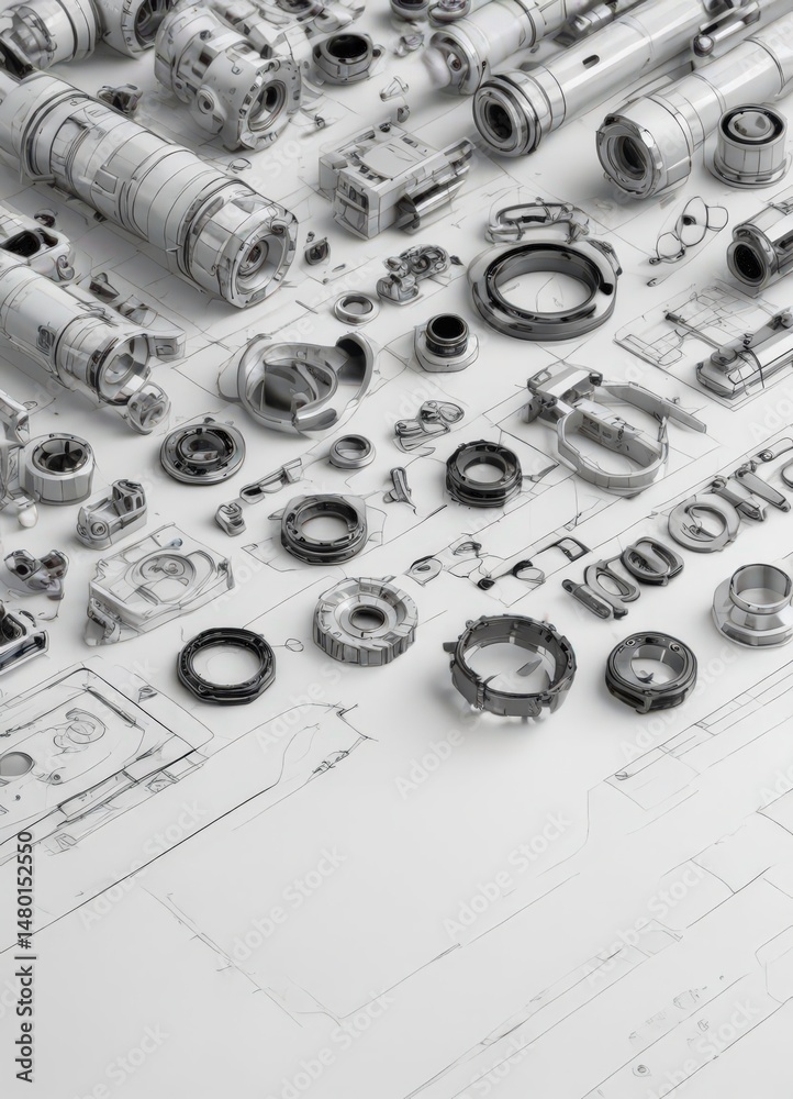 Clean white background, black outlined technical drawings of geometric ...