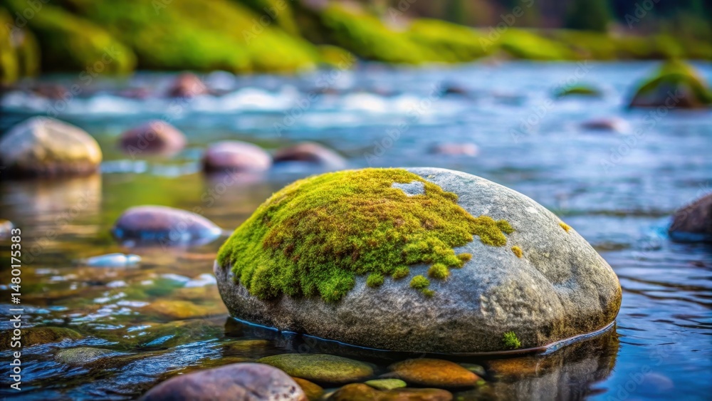ภาพประกอบ Stock Smooth river rock with moss and lichen growth on a ...