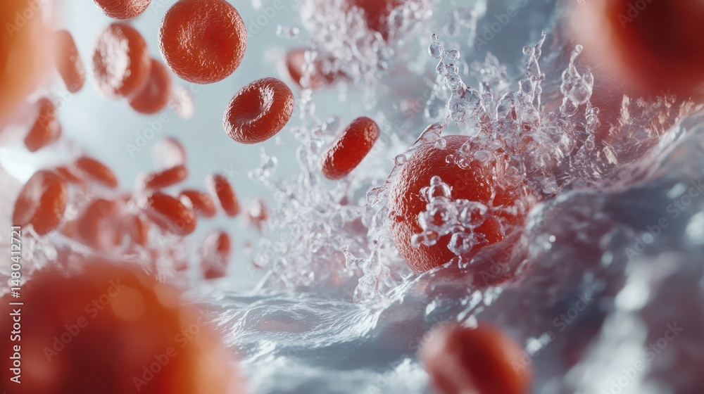 A microscopic close-up of various blood cells, including red blood ...